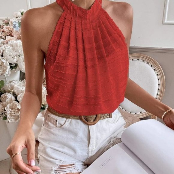 Tops | Boho Style Textured Minimalist Halter Top Rusty Red | Poshmark
